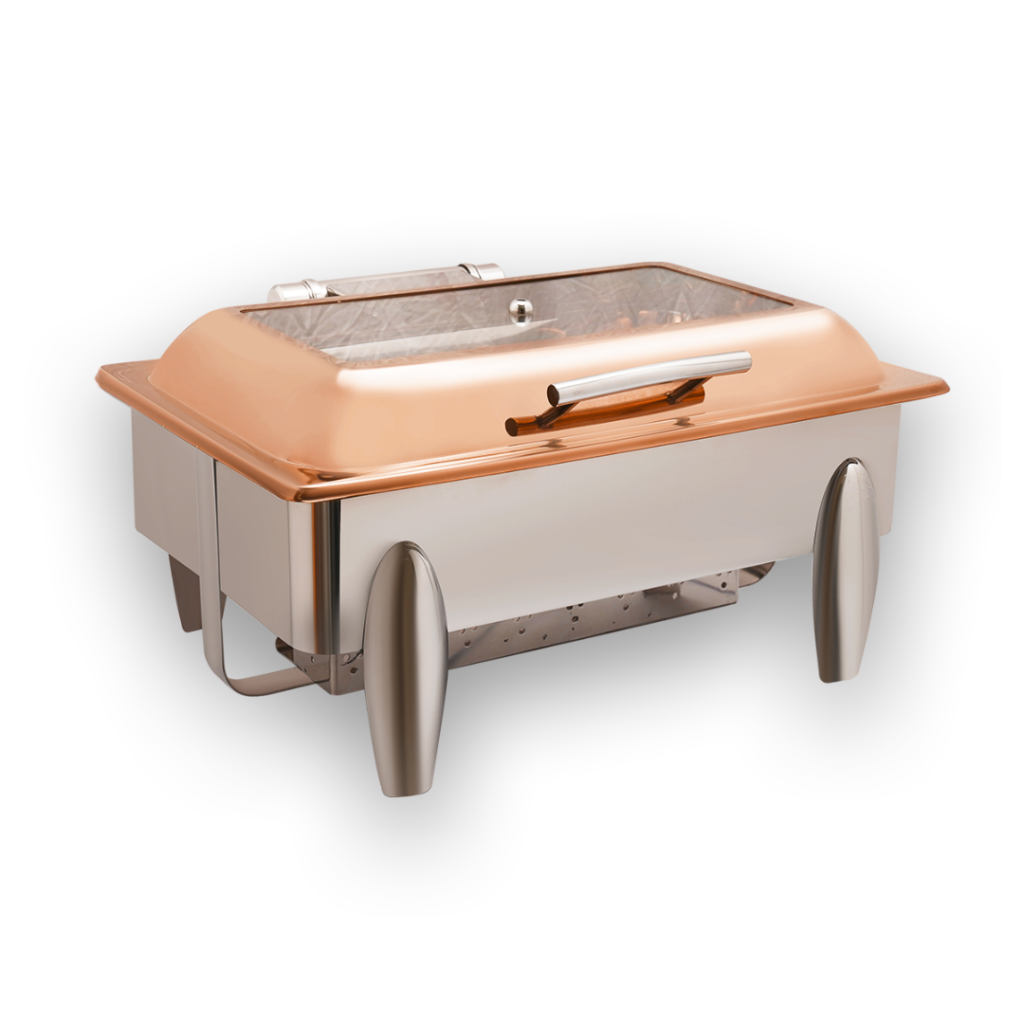 P001. 10 ltrs. Rose Gold Rectangular Chafer Full Glass – Virdi Hotelware